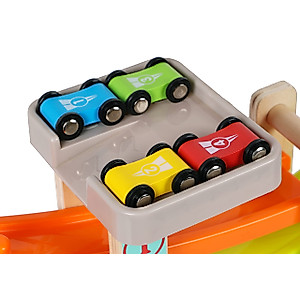 Wooden Car Ramp Race Track Toy - Toddler Car Playset - Replacement Cars 4 Pack - Matching Click Clack Track Vehicles Toddlers -Racing First Sport Cars for 18 Months -Stocking Fillers Stuffers Kids