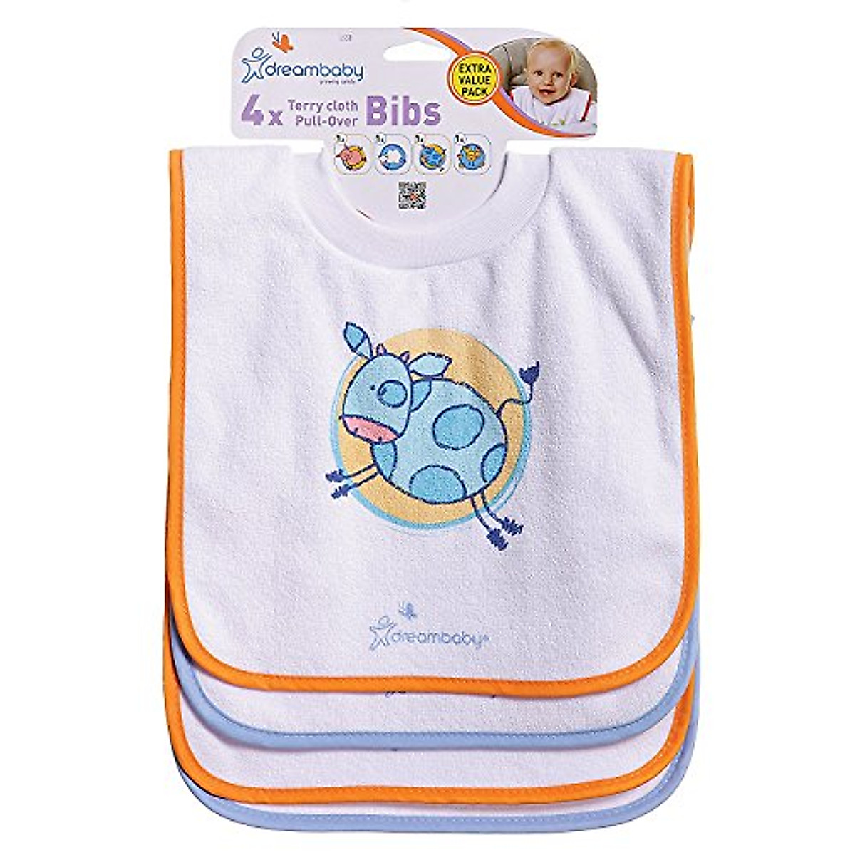 Dreambaby Terry Cloth Pullover Baby Bibs - Super Absorbent for Feeding and Drooling Toddlers - Farm Animals , 4 Count