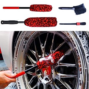 Professional 4 Pack Long Handle Wheel Brush Kit for Cleaning Wheel and Tire- 2X Soft Wheel Woolies Cleaning Brush, Detailing Brush and Stiff Tire Brush, Bendable& Durable Wheel Rim Cleaner Brush Set