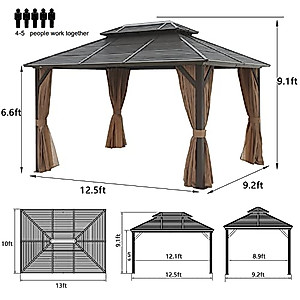 NOBLEMOOD 10’ x 13’ Hardtop Gazebo with Curtains and Netting, Double Roof Outdoor Gazebo with Polycarbonate Canopy, Aluminum Frame Permanent Gazebo for Patio Garden(Brown)