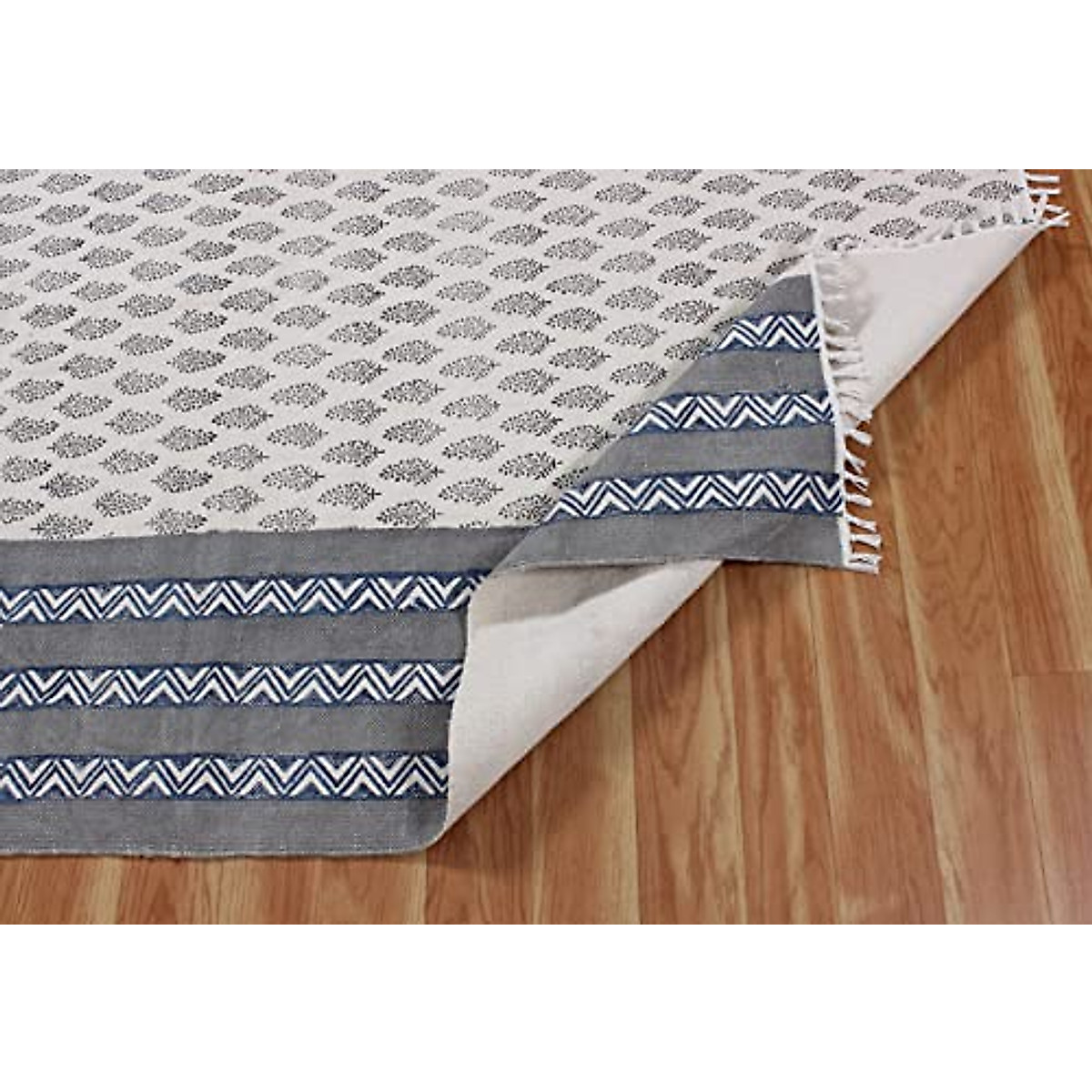 Casavani Hand Block Printed Cotton Dhurrie Striped Tassel Rug Boho Area Rug Easy Care Washable Rugs for Doormat Entryway Living Room Bedroom Hallway Balcony 6x6 Feet Square