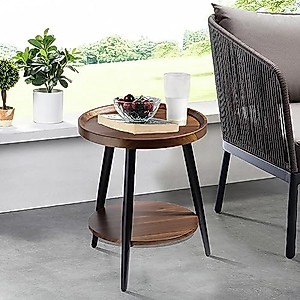 FANTERSI Small Round Side Table, 2-Tier Mid Century Modern Side Table, Round End Table Small Side Table for Living Room, Metal Frames, Brown