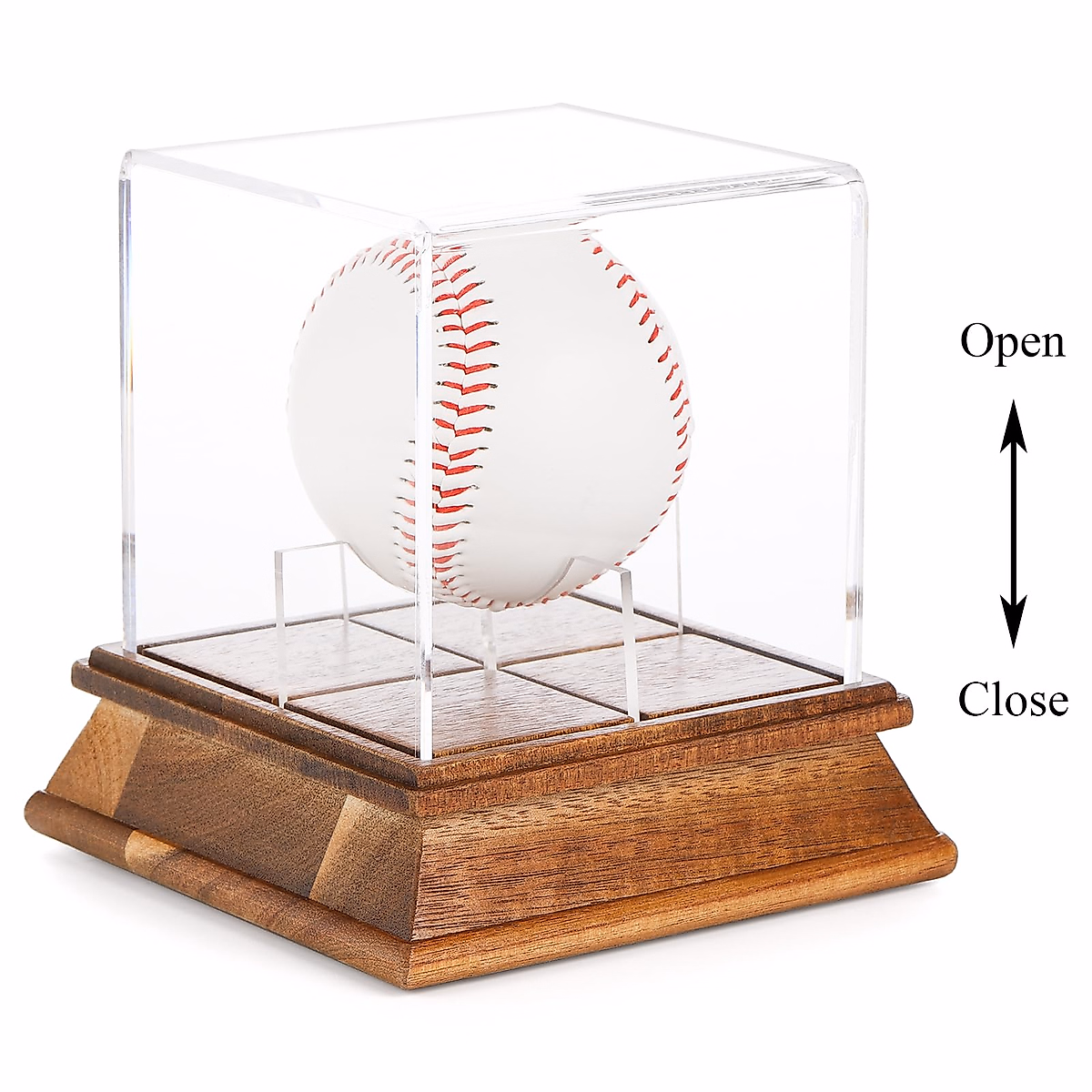 Tebery Baseball Display Case Wooden Stand, UV Protected Acrylic Cube Baseball Holder, Memorabilia Autograph Base Display Case with Clear Cover, Square Storage Stand Box, Fits Official Size Ball