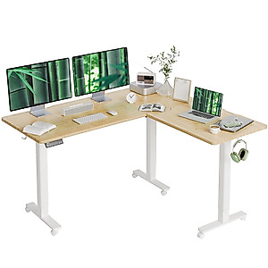 Claiks L Shaped Standing Desk Adjustable Height, Dual Motor Electric Corner Standing Desk, 63x55 inch Sit Stand up Desk with Splice Board, Bamboo
