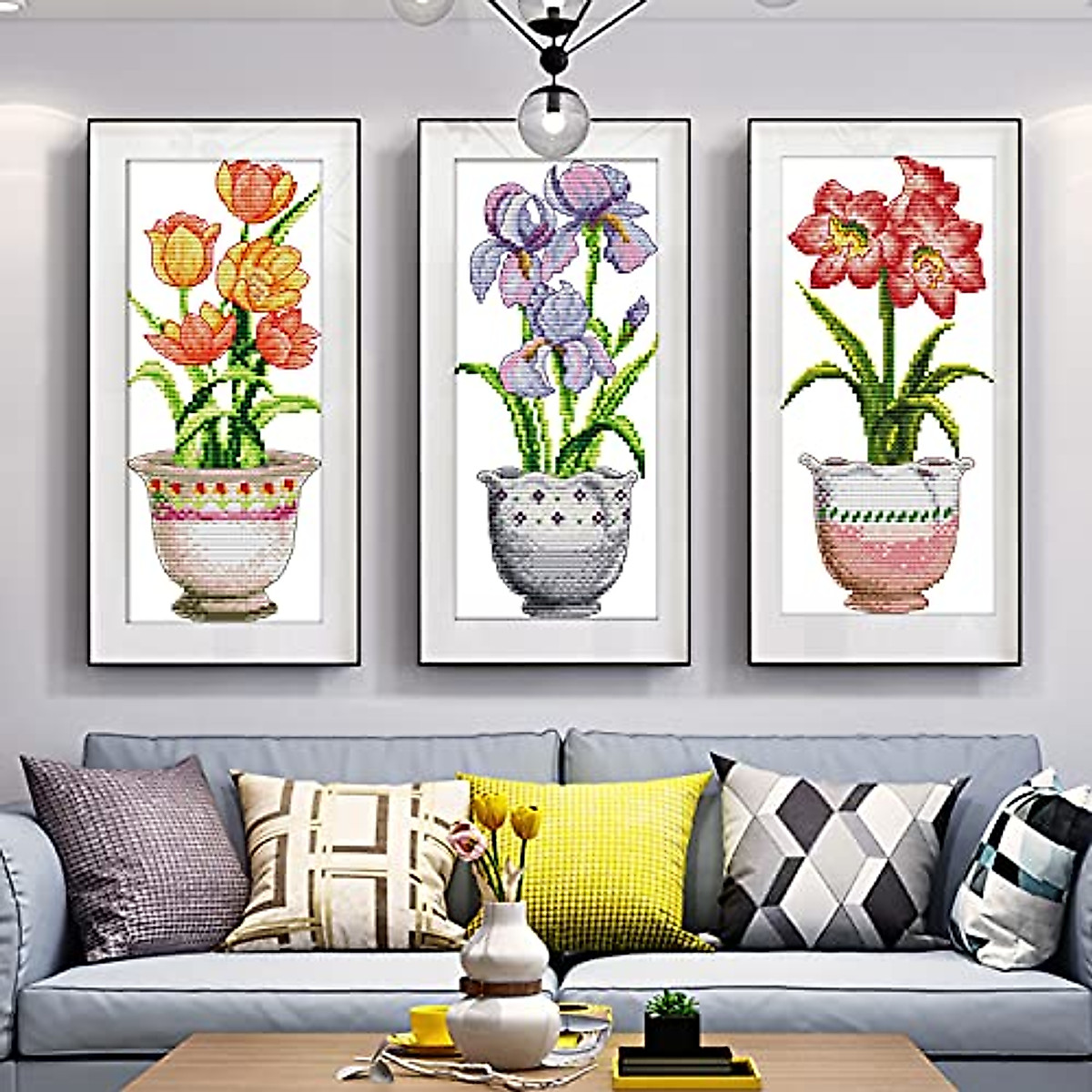 ITSTITCH Cross Stitch Kits for Adults 3 Pack Flowers Crossstitching Kits Preprinted 11CT Printed Cross Stitch Kits for Beginner Prestamped Easy Pattern Needlepoint Kits Crafts for Decor 7.5x15 inch