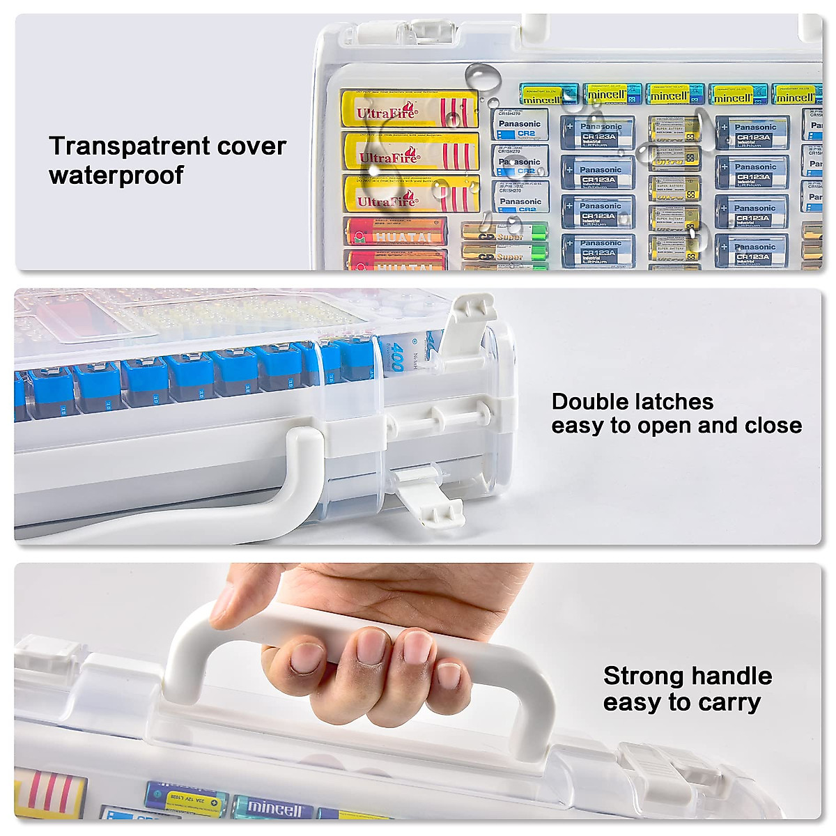 Battery Organizer Storage Holder Case with Double-Sided, Garage Box with Tester Checker. Batteries Container for 269pcs AA AAA AAAA 3A 4A 9V C D Lithium 4LR44 CR2 CR123A CR1632 CR2032 18650 - White