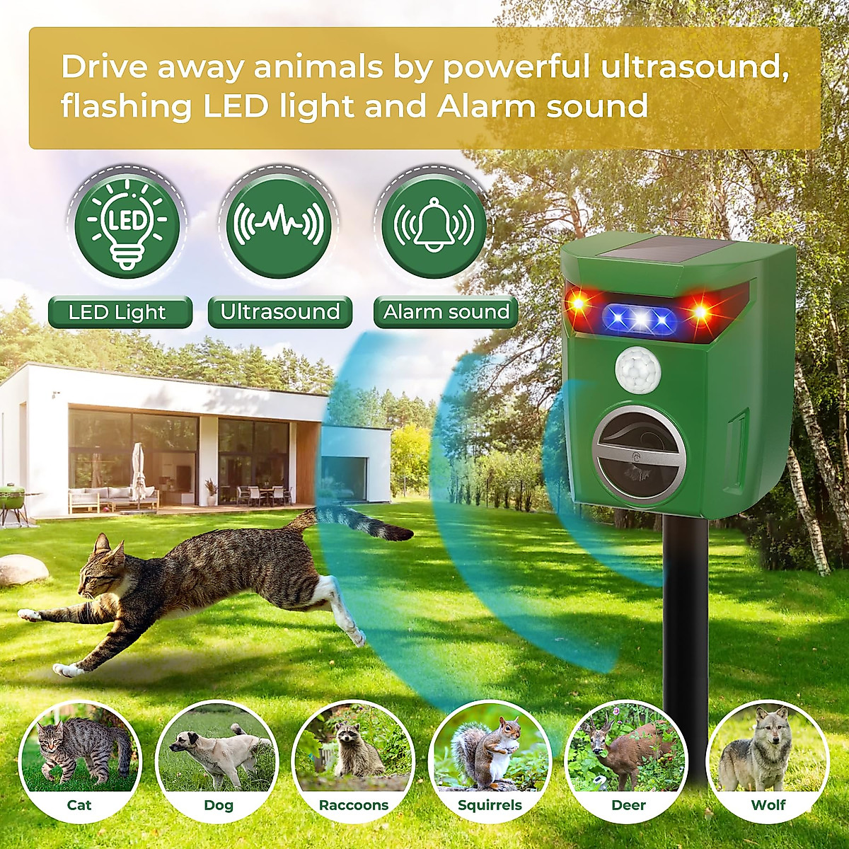 CritterTec Solar Powered Ultrasonic Animal Repellent with Flashing Lights and Adjustable Alarm Waterproof Motion Activated Cat Dog Deer Repellent for Yard Garden Farm Lawn 2 Pack