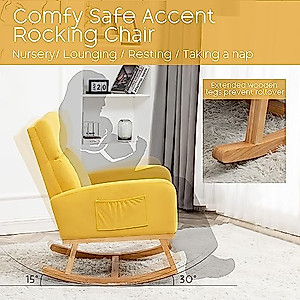 YUUIJOAA Nursery Rocking Glider Chair - Modern Accent Chairs Upholstered Velvet Rocker Padded Armchair with Side Pocket for Living Room Bedroom Yellow