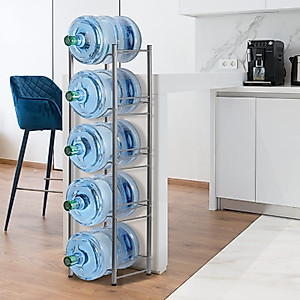 HEOMU 5 Gallon Water Jug Rack, 5-Tier Water Bottle Holder Storage Rack, Water Jug Organizer for Kitchen, Office, Garage, Silver