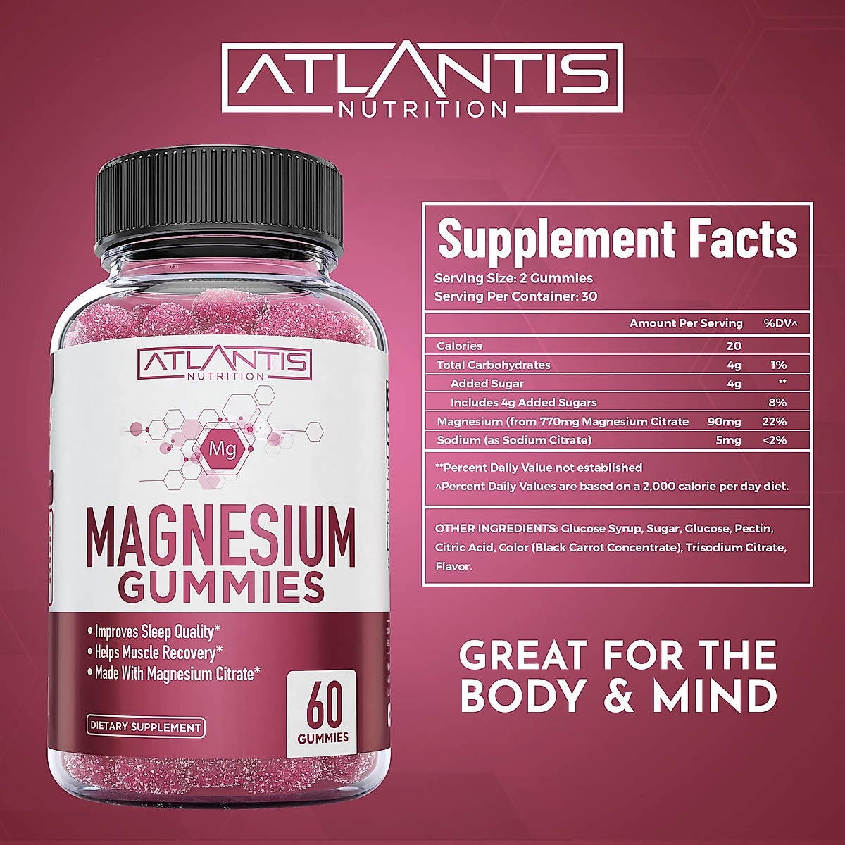 Atlantis Nutrition Magnesium Gummies | 770 MG Magnesium Citrate | Helps Muscle Recover & Relieves Cramps, Promotes Calmness, Improves Sleep Quality | Formulated for Adults & Kids | 60 Vegan Gummies