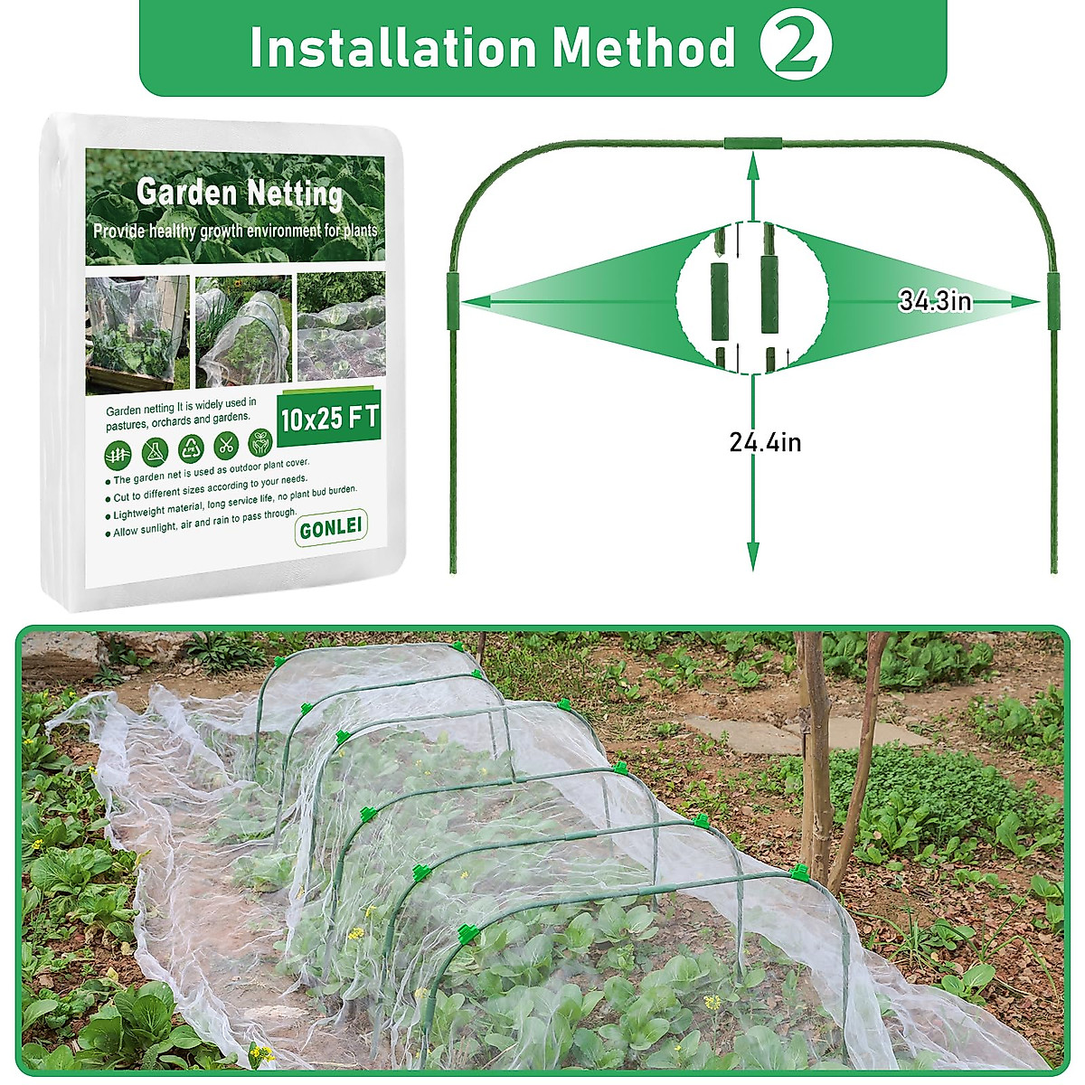 GonLei 10x25FT Garden Mesh Netting Kit Raised Beds (6 Pcs Garden Hoops & 18 Clips) Garden Hoops Plant Row Covers Netting Protection Berry Bush Trees Grass Seed Barrier Net