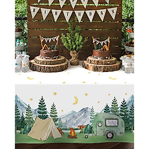 Nefelibata 3 pcs Camping Birthday Decorations Table Cover Waterproof Tablecloths One Happy Camper Party Camping Favors Bachelorette Happy Camper for Boys Girl Plastic Table Runner Disposable Supplies