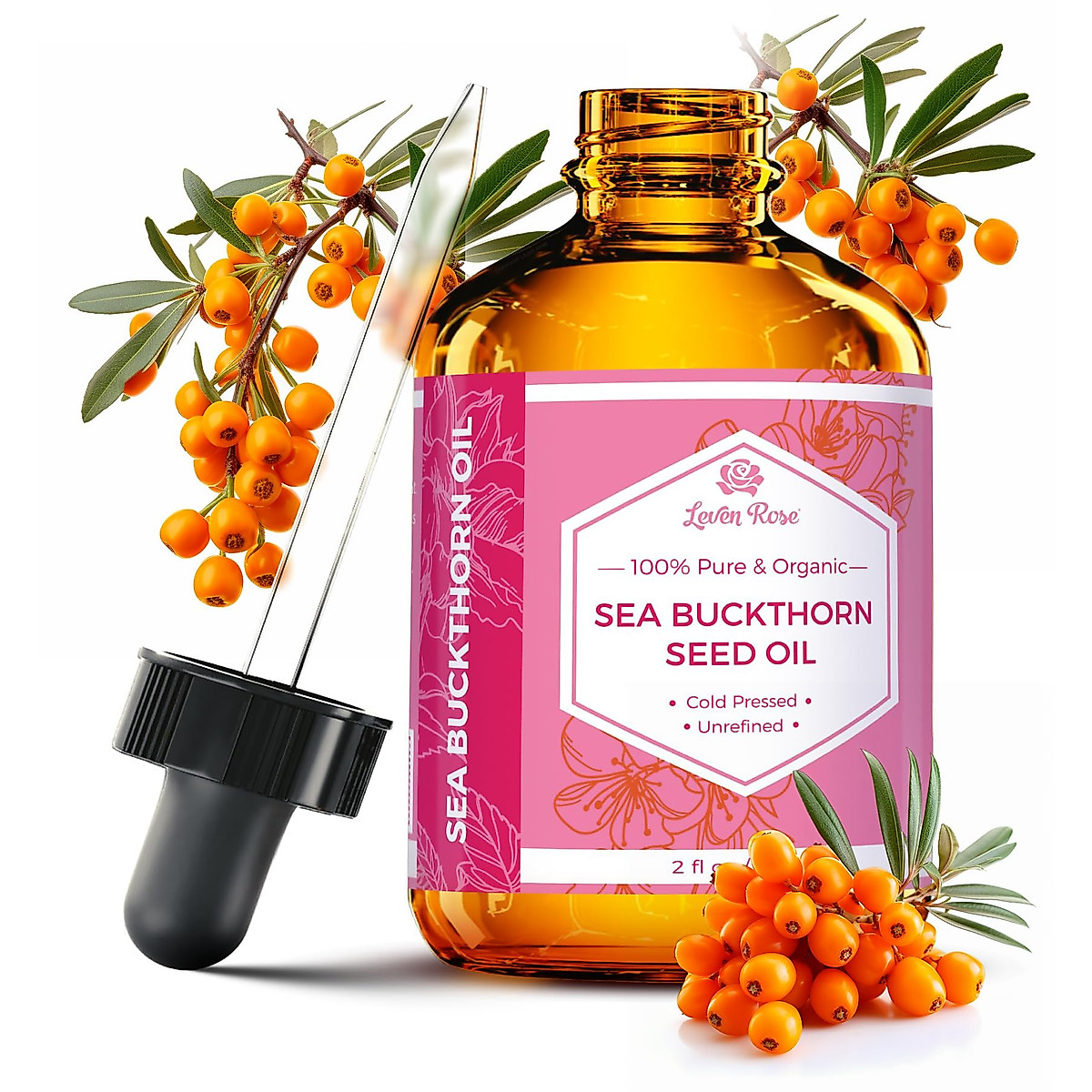 Leven Rose Sea Buckthorn Seed Oil, 100% Pure Unrefined Cold Pressed for Hair Skin and Nails (2 oz)
