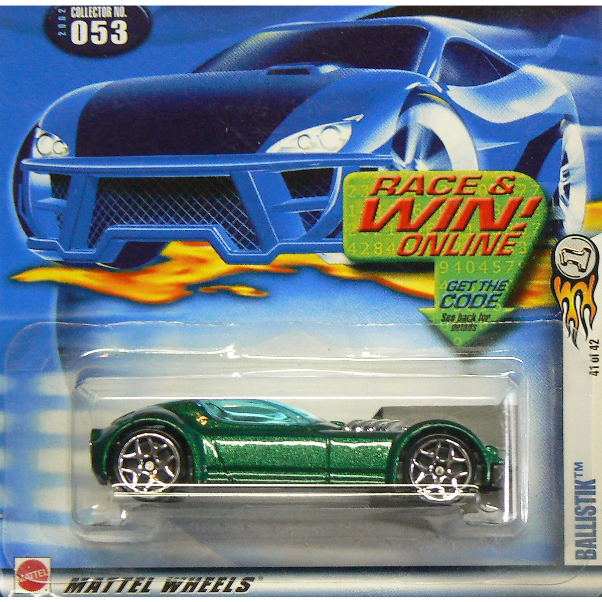 Hot Wheels 2002-053 First Editions 41/42 Green Ballistik Race/Win Card 1:64 Scale Die Cast Collectible Car