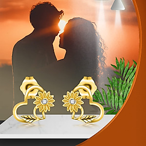 SISGEM 14k Yellow Gold Sunflower Heart Stud Earrings for Women