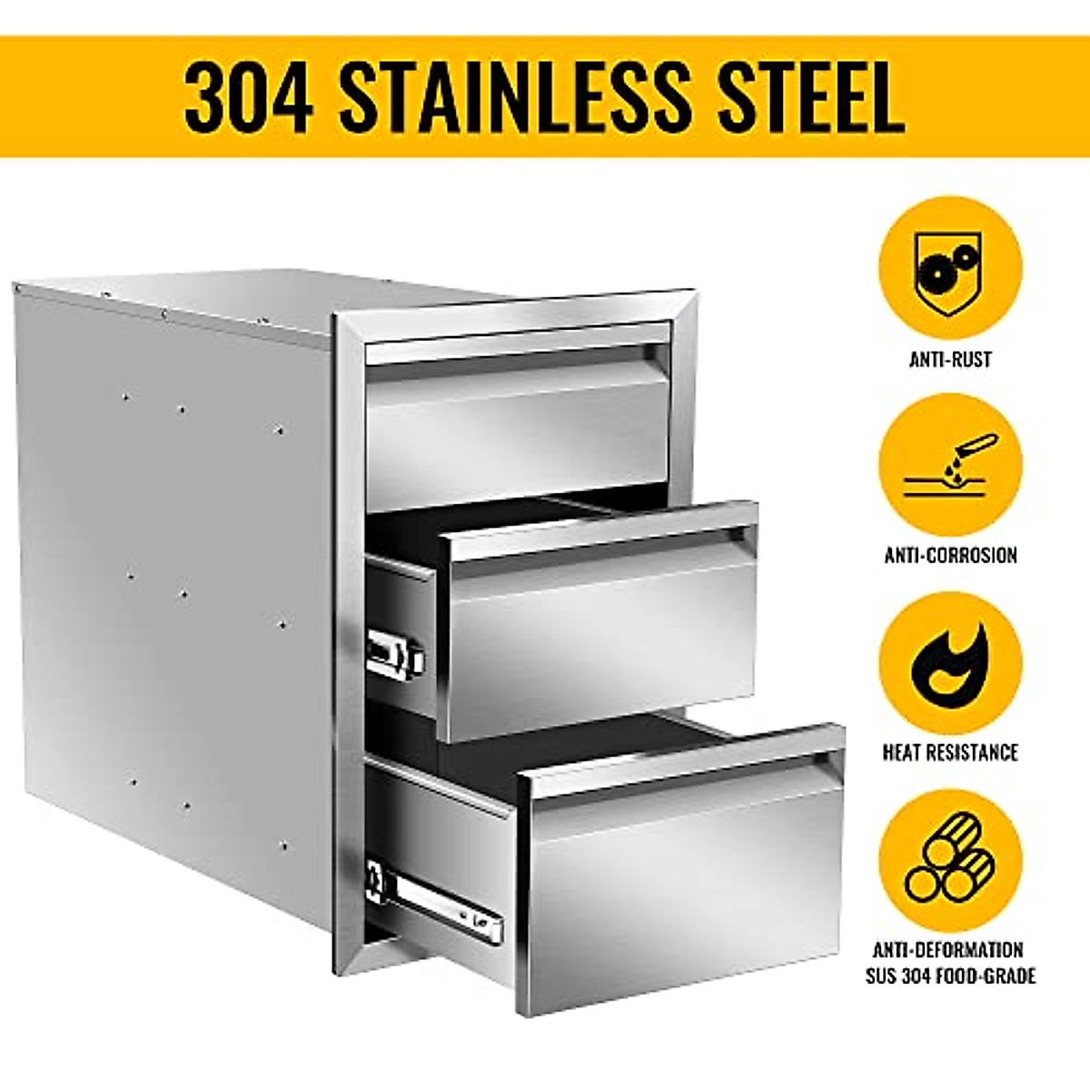 KODOM Outdoor Kitchen Drawers Stainless Steel Flush Mount BBQ Triple Drawers for Outdoor Kitchen Island, or Patio Grill Station (Overall Size:14" W x 21" H x 23" D inch)