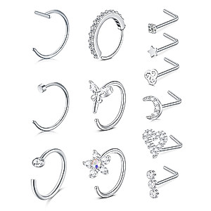 Anicina Nose Rings 18G Nose Rings Hoops Surgical Steel Nose Piercing Kit L Shape Nose Studs for Women CZ Heart Moon nose piercings Silver Nose Piercing Jewelry