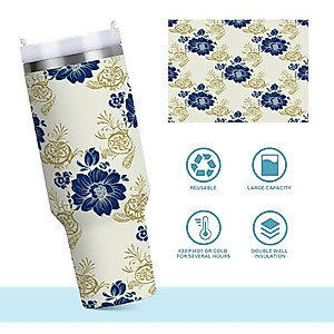 RPLIFE Blue and White Floral Tumbler Cup, Stainless Water Bottle, Water Tumbler with Straw