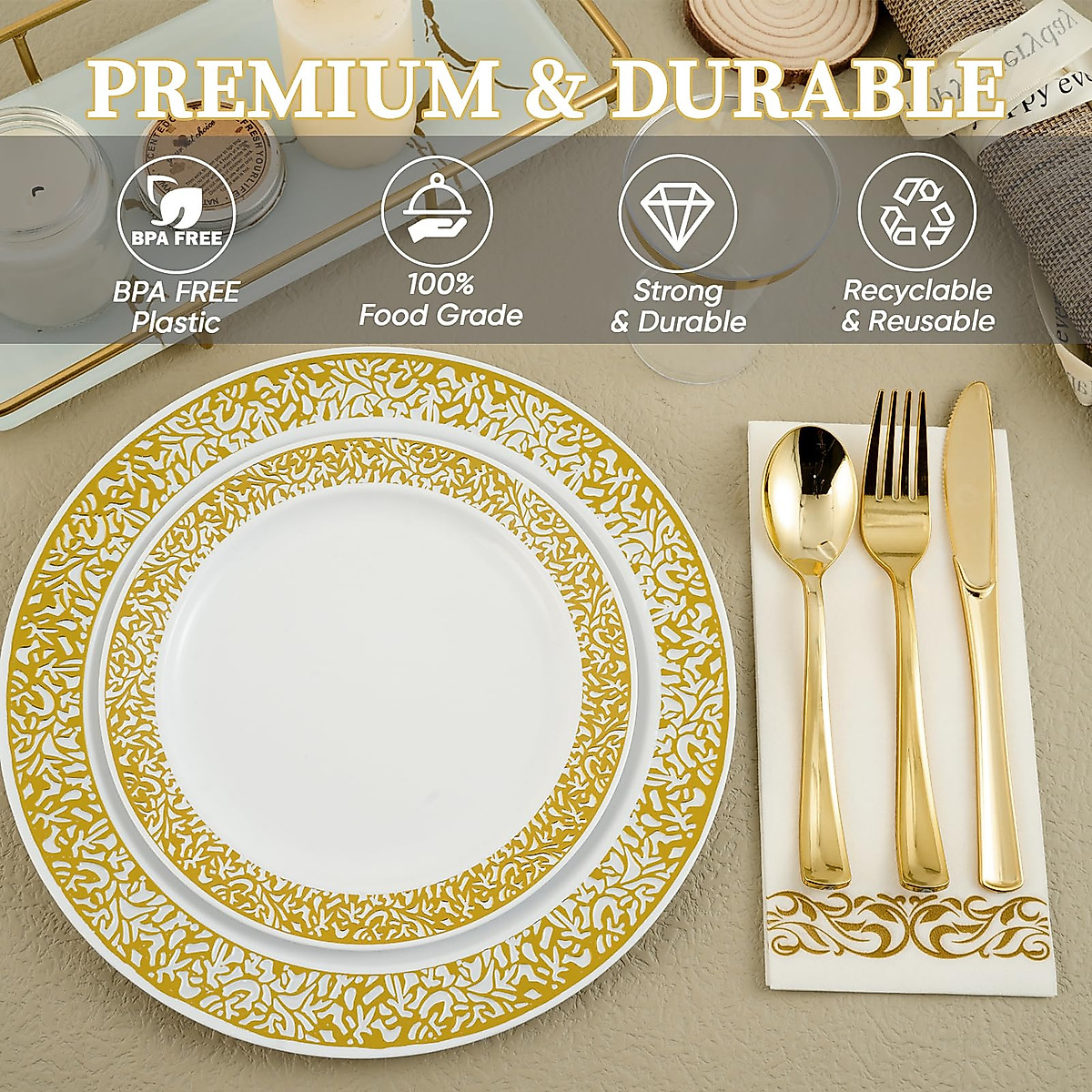 FOCUSLINE 175 Gold Dinnerware Set for 25 Guests, White Plastic Plates with Gold Lace Rim Design, Including 25 Disposable Dinner and Dessert Plates, 25 Silverware Set, 25 Cups, 25 Napkins
