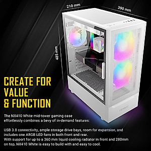 Antec NX410 ATX Mid-Tower Case, Tempered Glass Side Panel, Full Side View, Pre-Installed 2 x 140mm in Front & 1 x 120 mm ARGB Fans in Rear (White) (9734088000)
