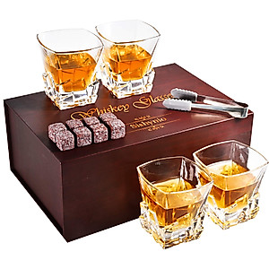 Sishynio Whiskey Glasses Set of 4 for Men, 10oz with 8 Cube Granite Chilling Stones, Whiskey Rocks Glasses Gift Set for Grandpa Father Husband
