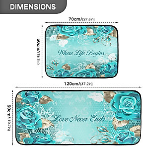 Teal Rose Kitchen Rugs and Mats 2 Piece Non Slip Washable Runner Rug Set for Floor Rose Turquoise Kitchen Decor and Accessories Love Never Ends