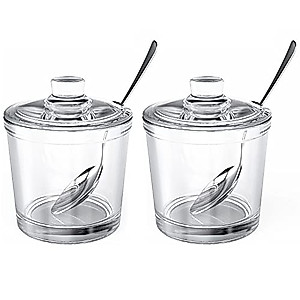 ZEAYEA Set of 2 Clear Glass Sugar Bowl, 6 Ounce Seasoning Box Condiment Pots with Spoon and Lid, Sugar Spice Salt Canister for Home Kitchen, Coffee Bar, Restaurant