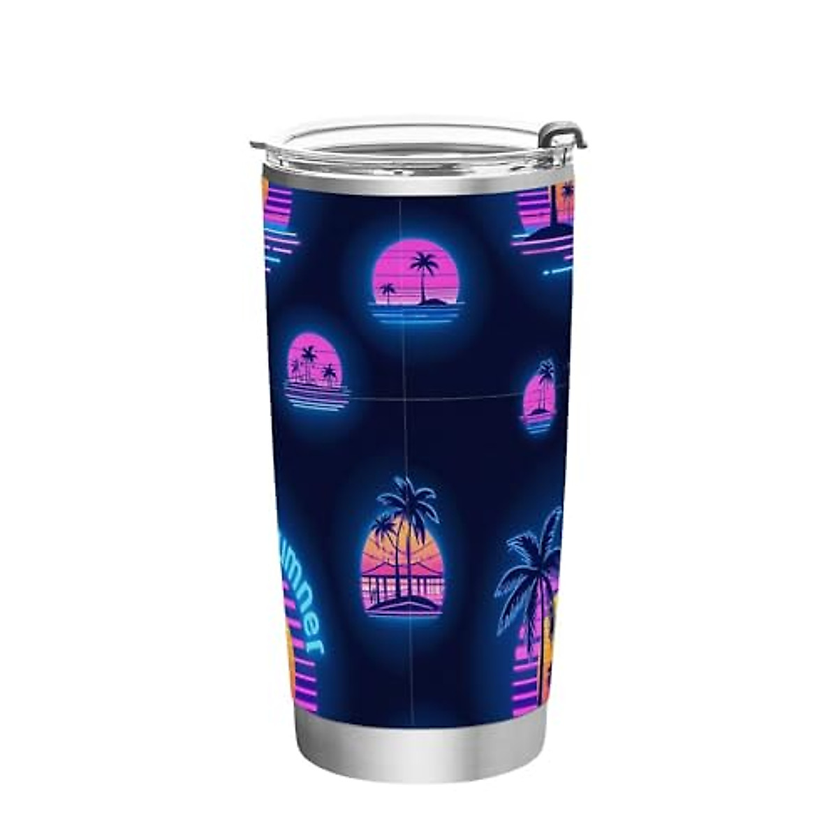 sanluoli Summer Neon Coconut Tree Sunset Stainless Steel cup with straw with Straw Lid coffee mug insulated for camping modern vacuum insulated tumbler with lid 20 OZ