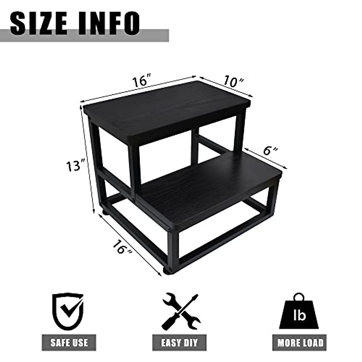 SZLHANJZ Step Stools for Adults & Kids, Bed Steps for High Beds for Adults, Multi-Purpose Metal and Wooden Step Stool with Round Corner, 2 Steps Bedside Kitchen Toilet Stool Hold Up to 500 LB, Black
