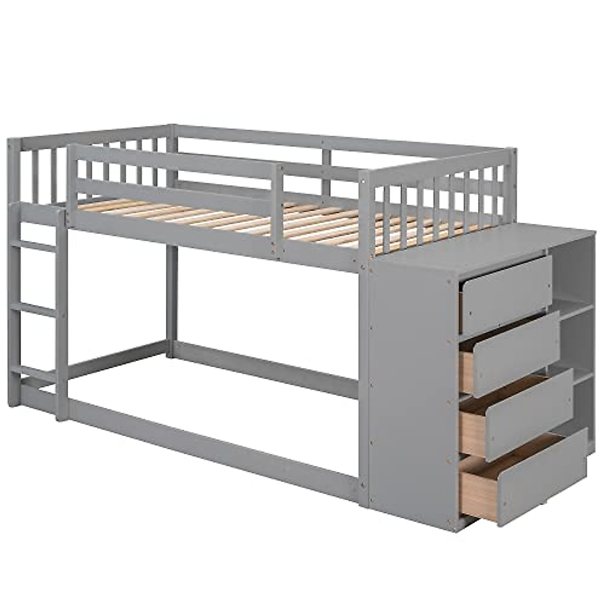 Harper & Bright Designs Twin Over Twin Bunk Bed with Storage, Wood Floor Bunk Beds with 4 Drawers & 3 Shelves, Low Bunk Bed, Twin Loft Bed for Kids, Girls Boys, Teens, Adults (Gray)