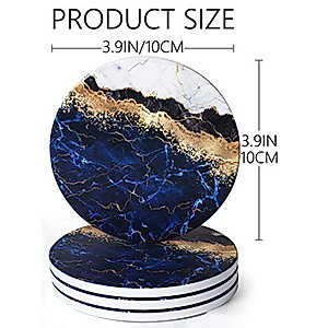 RoomTalks Blue and Gold Marble Coasters for Drinks Absorbent 4PCS Modern Abstract Ceramic Coaster Set Cork Back Glitter Stone Coasters for Wooden/Coffee Table (Navy, 4 Pieces)