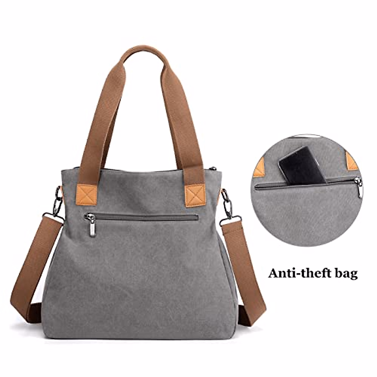 ZHIERNA Women's Canvas Tote Purse Shoulder Bag, Large Crossbody Bag Handbag with Multi-pocket(Grey)