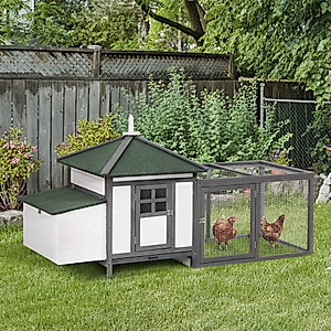PawHut 77" Wooden Chicken Coop with Nesting Box, Cute Outdoor Hen House with Removable Tray, Ramp Run, for Garden Backyard, Gray