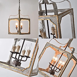 JiuZhuo French Country Rustic 4-Light Square Lantern Farmhouse Chandelier Lighting Hanging Ceiling Fixture Metal and Wood in Antique Gray & Antique Gold