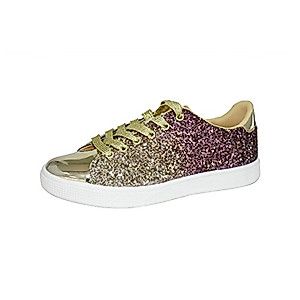 LUCKY STEP Glitter Sneakers Lace up | Fashion Sneakers | Sparkly Shoes for Women (10 B(M) US, Gold)