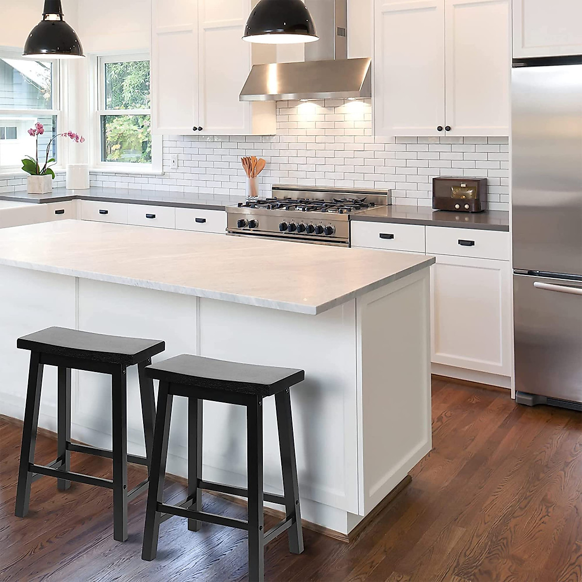 PJ Wood Classic Modern Solid Wood Backless Saddle Seat, 24 Inches Tall Easy Assemble Counter Stool with Durable Construction, Black (2 Pack)