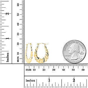 14K Yellow Gold Polished & Textured Twisted Shrimp Hoop Earrings For Women | 2x21mm Hoops | Earrings For Sensitive Ears | Solid Gold Earrings For Women