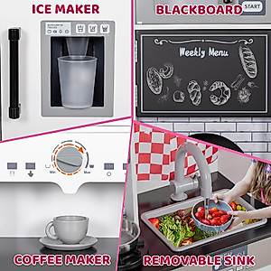 OHKIDS Kids Kitchen Playset, Wooden Kids Pretend Kitchen w/Faucet, Sink, Microwave, Oven, Blackboard, Coffee Maker, Pretend Cooking Toys for Toddlers w/Lights & Sounds, Gift for Kids Age 3+