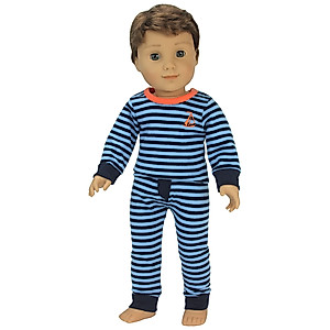 Sophia's Blue Striped Pajama Shirt with Long Sleeves and Orange Sailboat Embroidery Detail Plus Matching Pants 2 Piece Set for 18" Boy Dolls, Blue