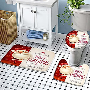 Christmas Shower Curtain Set 4PC with Christmas Shower Curtain with Toilet Lid Cover and Bath Mat, Santa Claus with Big Signboard Christmas Bathroom Set Winter Holiday Home Decor