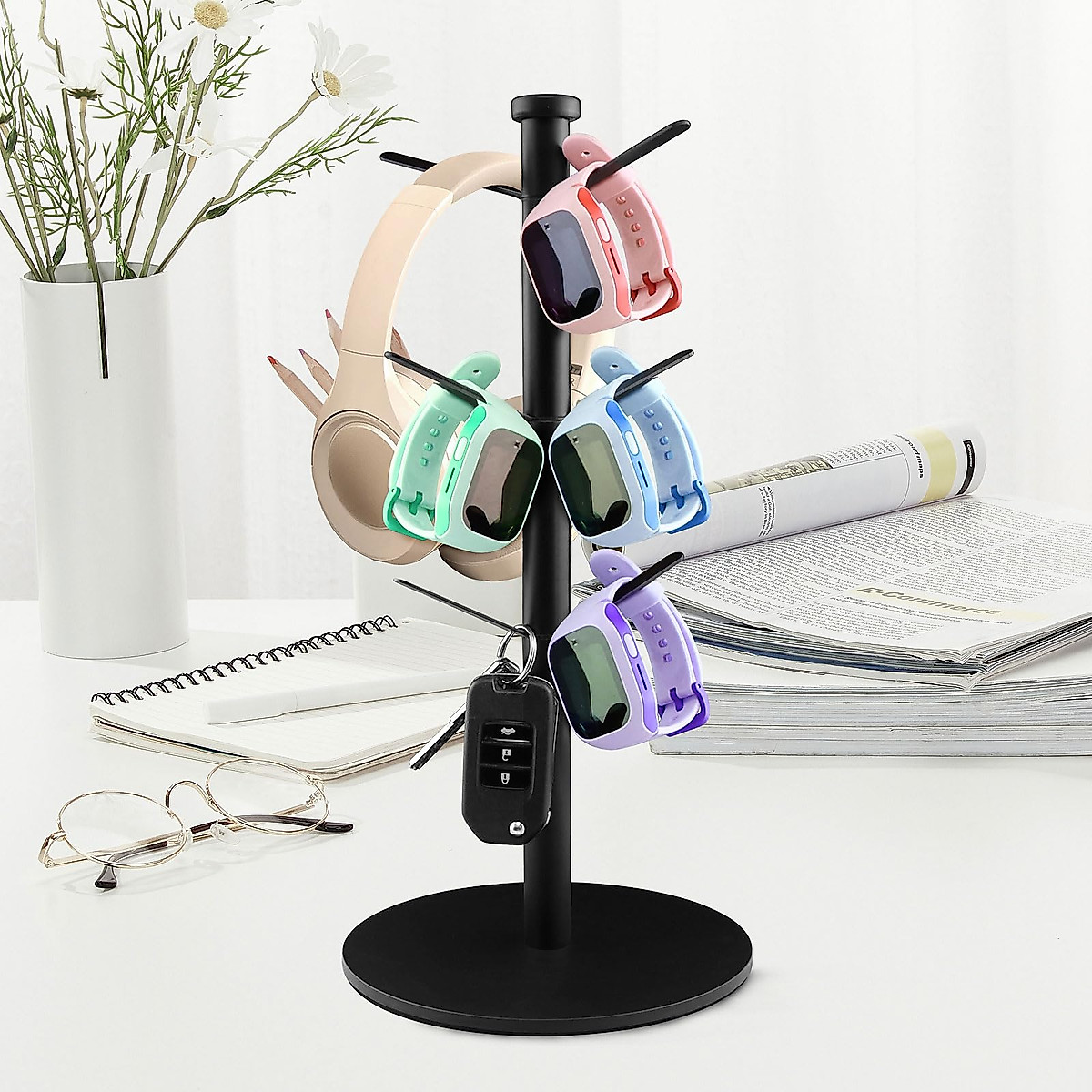 KEWANNO Black Mug Holder Tree, Coffee Mug Holder Countertop, Coffee Cup Holder with 6 Hooks, Weighted Coffee Tree Mug Holder for Counter, Coffee Mug Stand