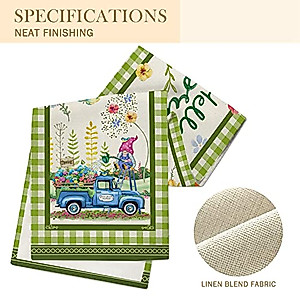 Spring Table Runner, Hello Spring Table Runners 72 Inches Long, Blue Truck with Gnomes Seasonal Runner, Flowers Blossoms Green Buffalo Plaid Small Coffee Table Cloth for Home Dining Room