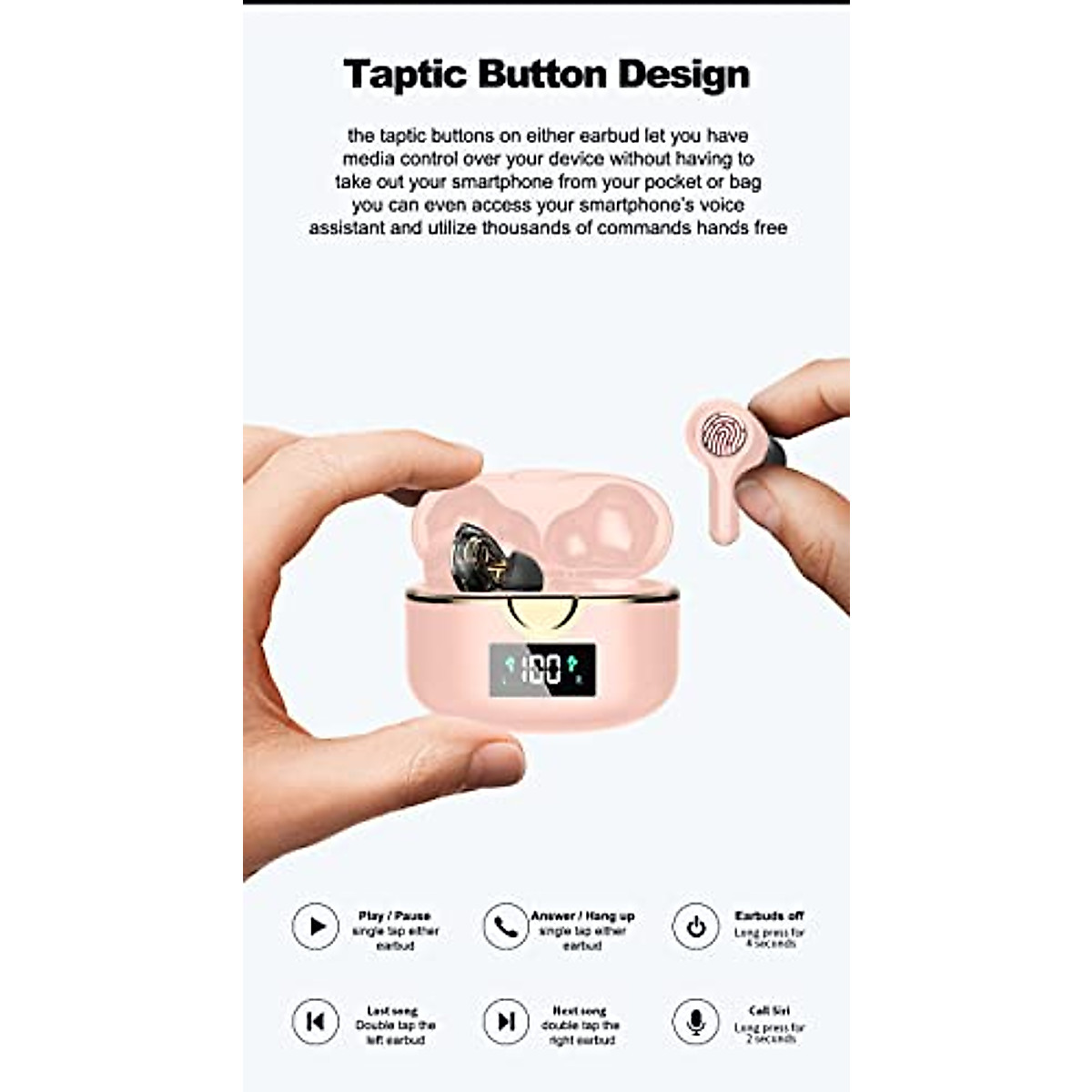 Acuvar in-Ear Wireless Bluetooth 5 Headphones, Earbuds IPX5 Waterproof with Microphone Rechargeable USB C Case for Smartphones Android iOS (Pink)