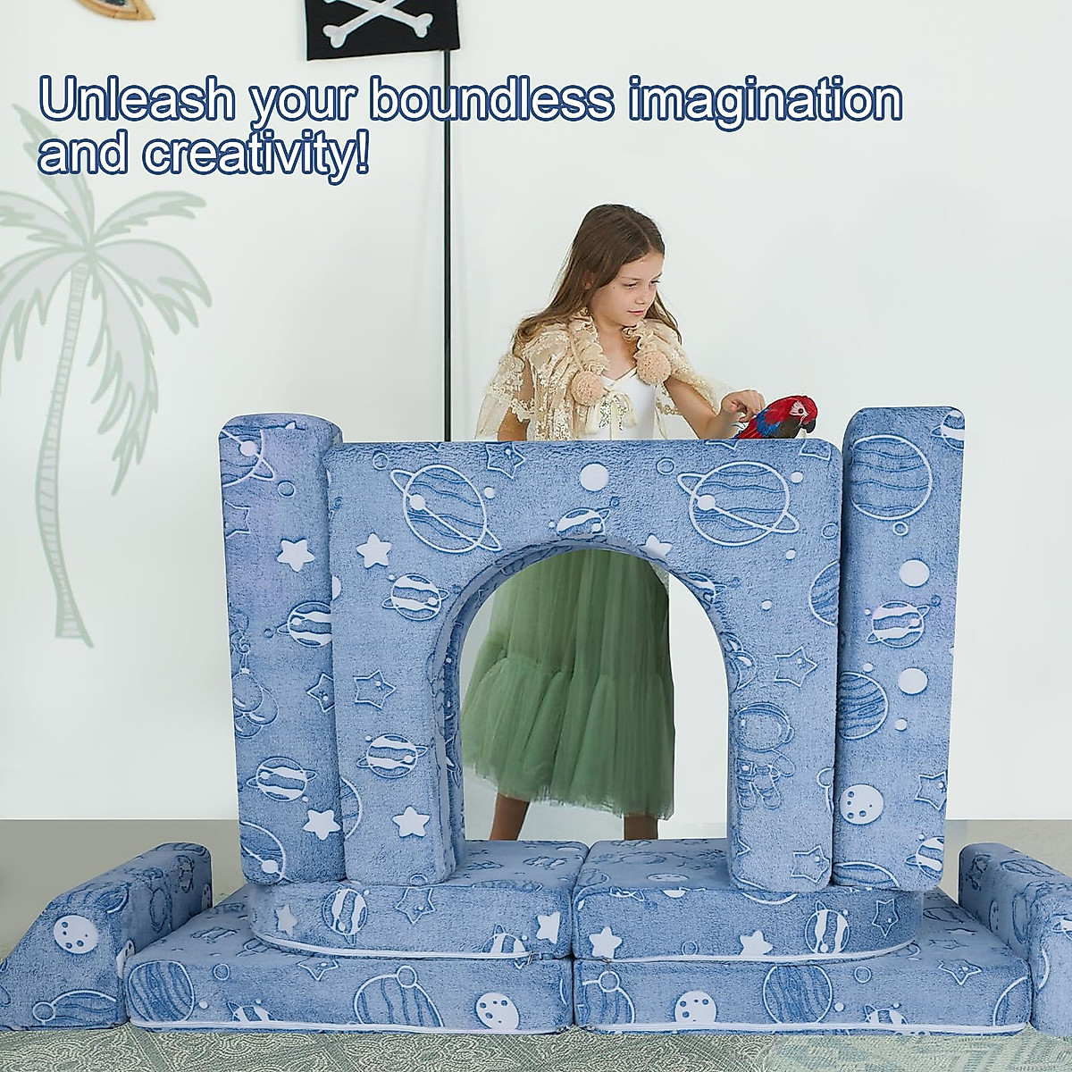 MeMoreCool Kids Couch, 10-Piece Modular Play Couch for Playroom, Fold Out Kids Sofa for Girl Boy, Glow Space