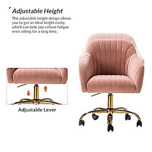 HULALA HOME Modern Velvet Home Office Desk Chair with Gold Base & Channel Back, Upholstered Swivel Computer Task Chair for Bedroom, Height Adjustable Cute Vanity Chair for Women Girls, Pink