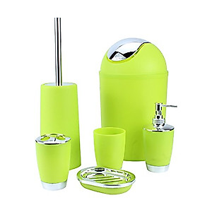 6 Piece Bathroom Accessories Set, Plastic Bath Ensemble Bath Set Lotion Bottles Toothbrush Holder Tooth Mug Soap Dish Toilet Brush Trash Can Decorative Bath Accessory Kit, Green