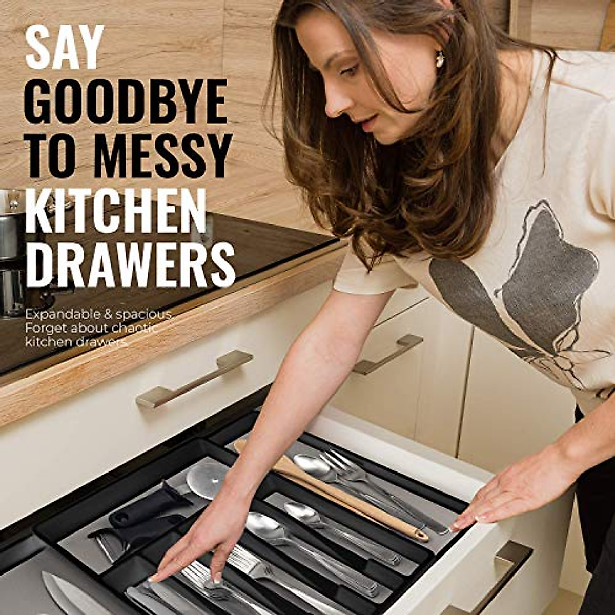 ELTOW Expandable Silverware Drawer Organizer & Utensil Tray Set, Non-Slip Kitchen Drawer Organizers and Storage, Kitchen Organization for Utensils, Cutlery, Office Supplies, Flatware Storage - Black