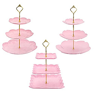 Tosnail 3 Pack 3 Tiers Plastic Cupcake Stand Dessert Stand Tiered Serving Trays with Gold Rod Candy Pastry Holders for Baby Shower, Wedding and Party - Pink
