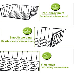 Jibri 2Pcs Under Shelf Storage Basket Black Under Cabinet Shelf Wire Basket Organizer, Under Shelf Storage for Kitchen Pantry Shelf Organizer Desk Bookshelf Cupboard