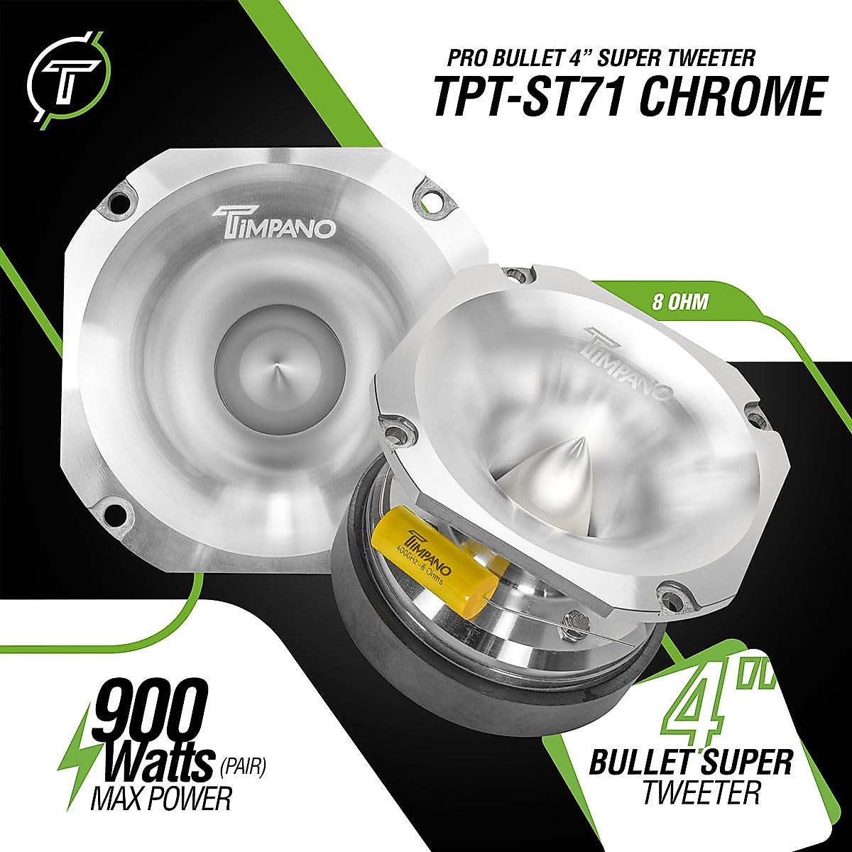 Timpano Super Tweeter 4 Inch TPT-ST71 Chrome, 8 Ohm, 900 Watts Max, 108 db, High Sensitivity, PRO Audio Bullet Super Tweeters (Pair)